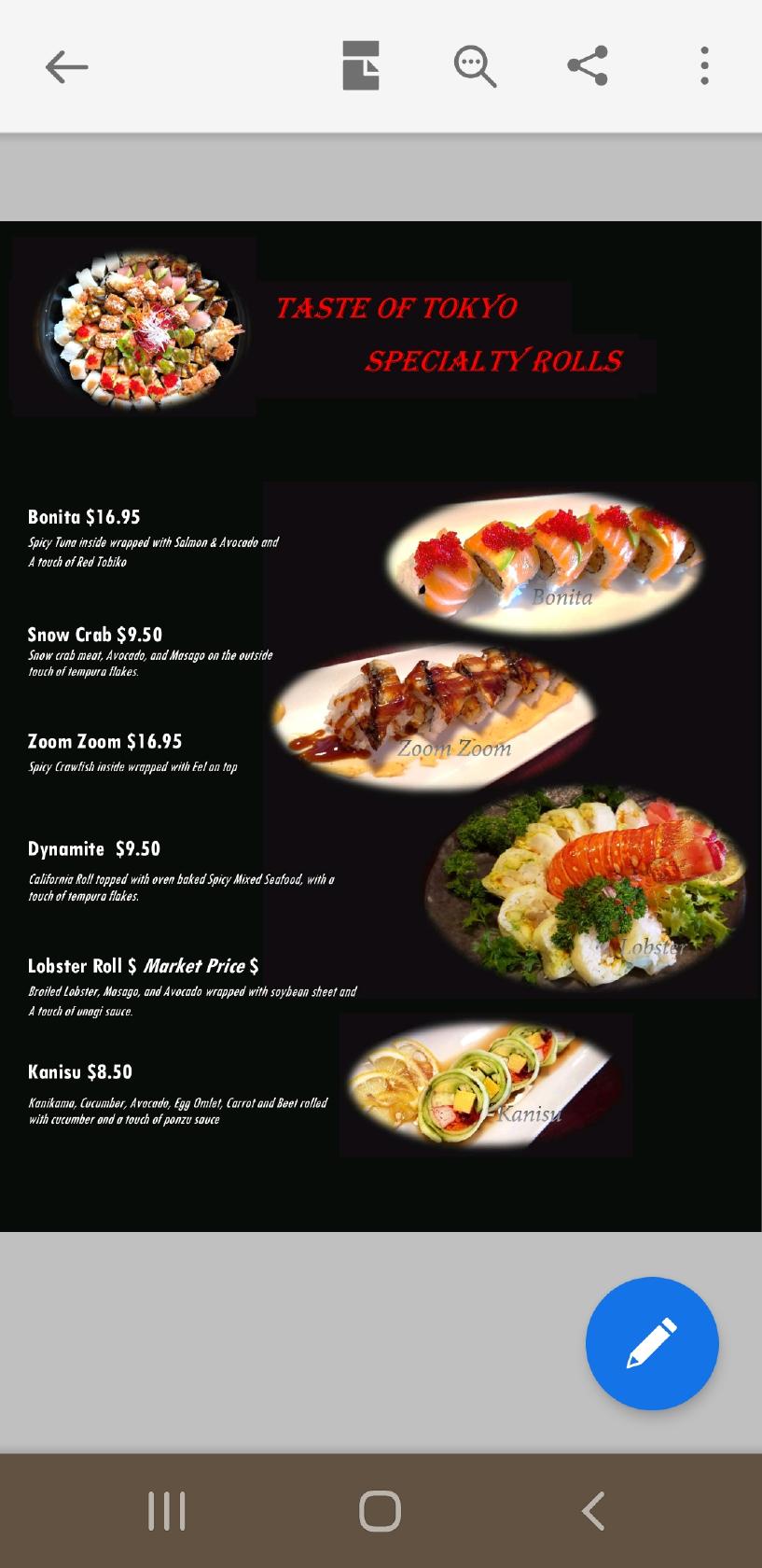 Menu at Taste of Tokyo restaurant, Buffalo Grove, 159-163 McHenry Rd