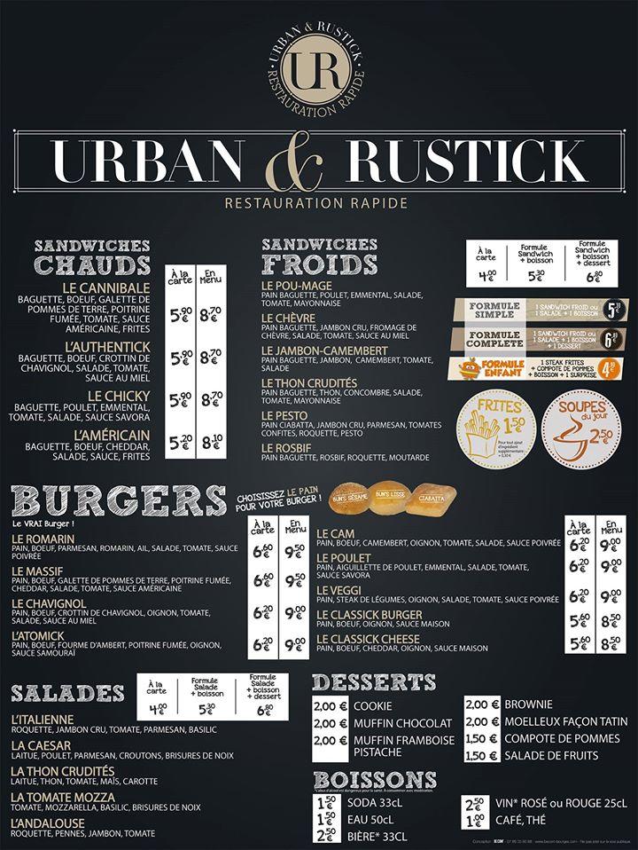 Menu at Urban & Rustick restaurant, Bourges