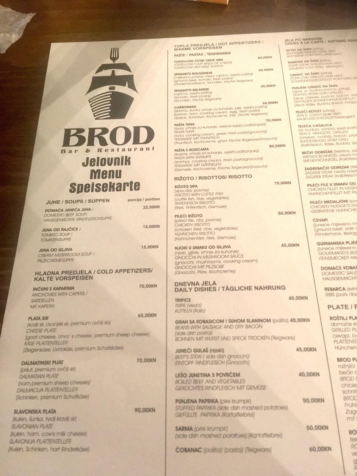 Menu at Bistro "BROD" restaurant, Zadar