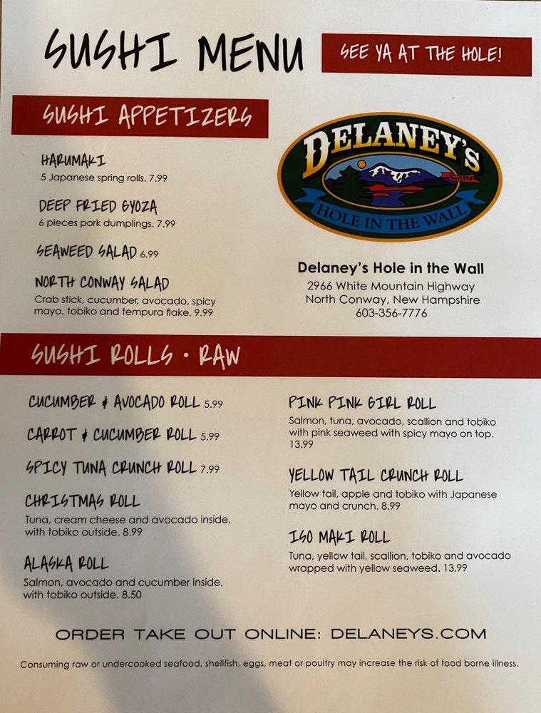 Menu at Delaney's Hole In the Wall restaurant, Conway