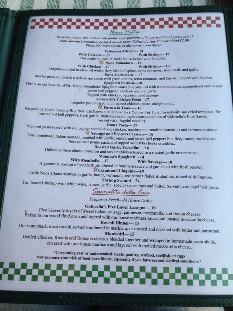 Menu at Gabriella's pizzeria, South Padre Island
