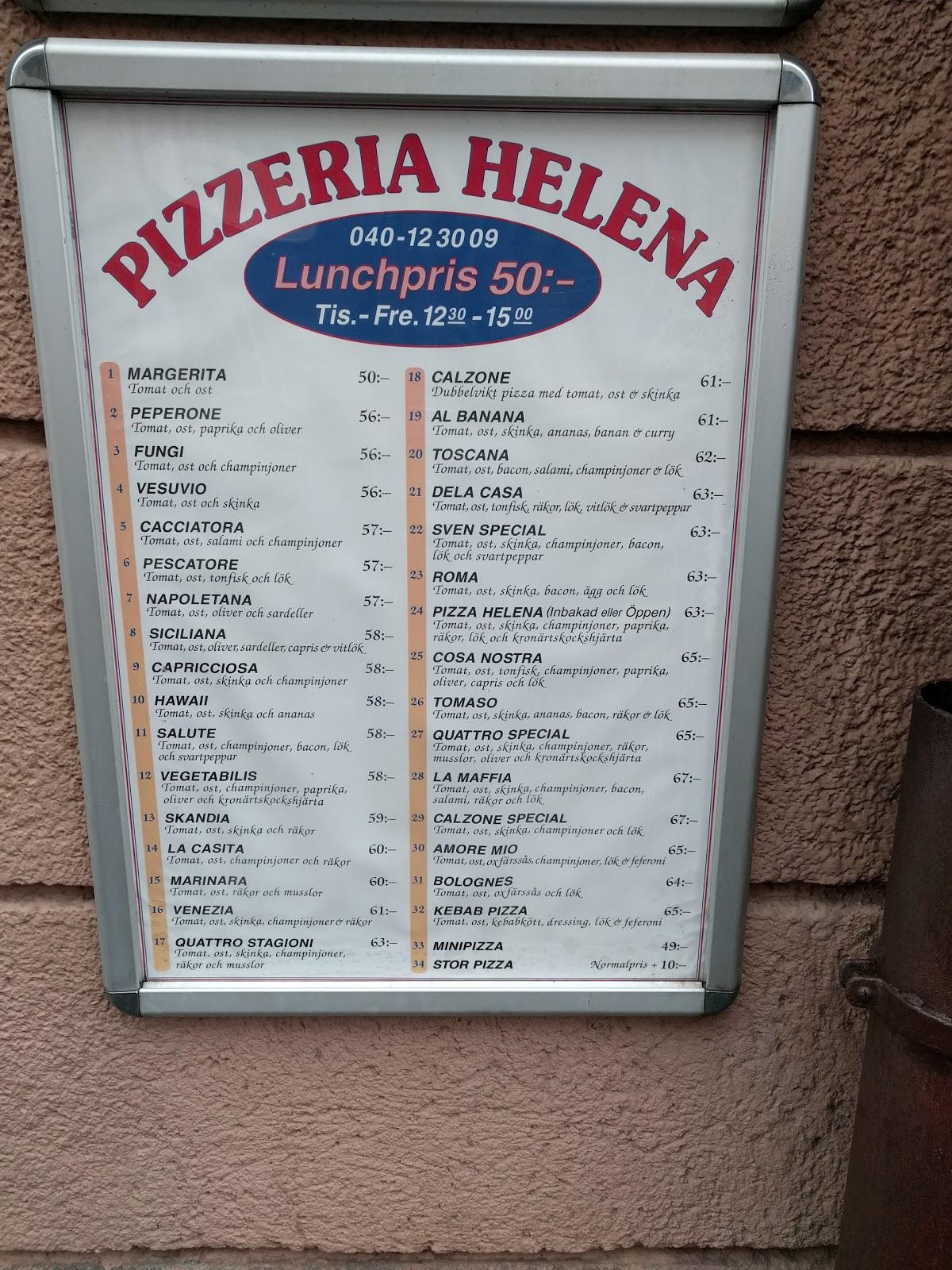 Menu at Helena pizzeria, Malmö, Henrik Smithsgatan 2