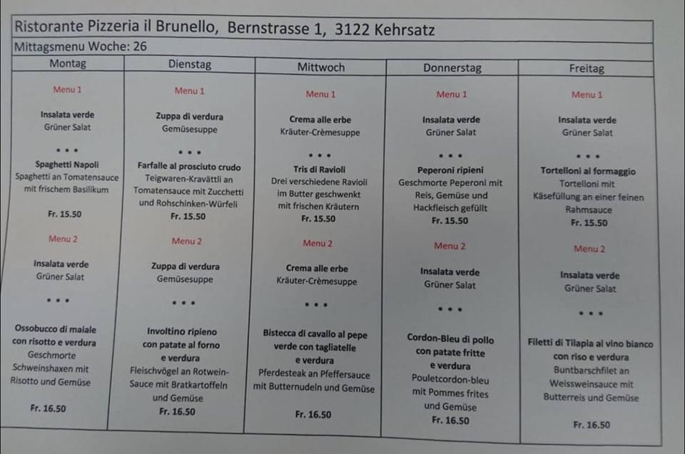 Speisekarte von Ristorante Il Brunello, Kehrsatz