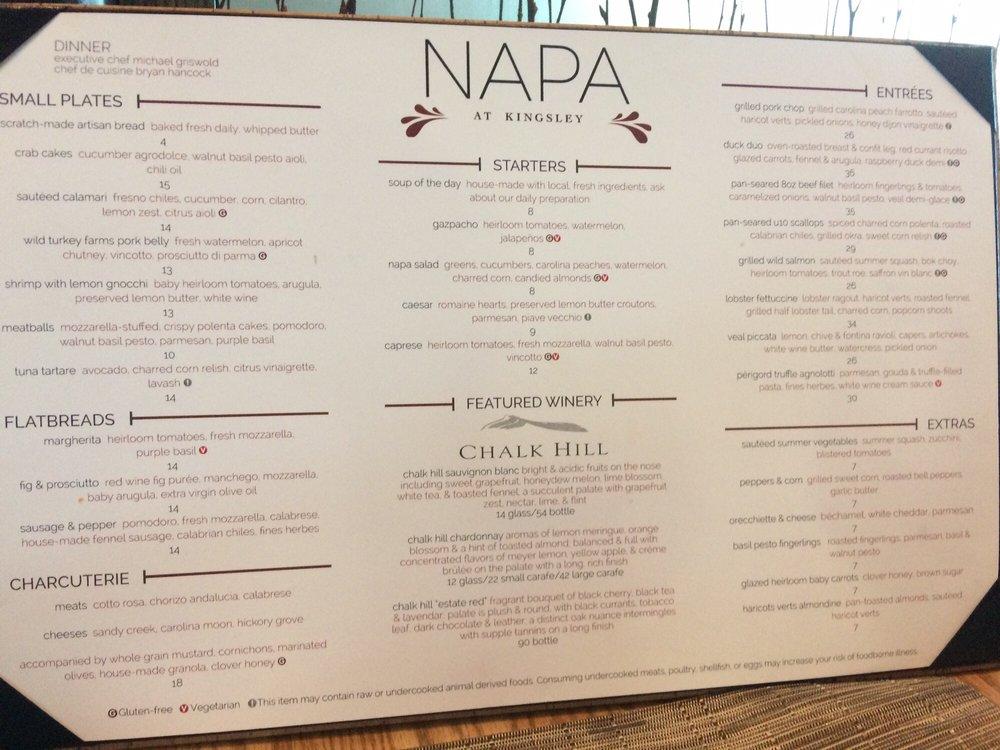 Menu at Napa at Kingsley pub & bar, Fort Mill