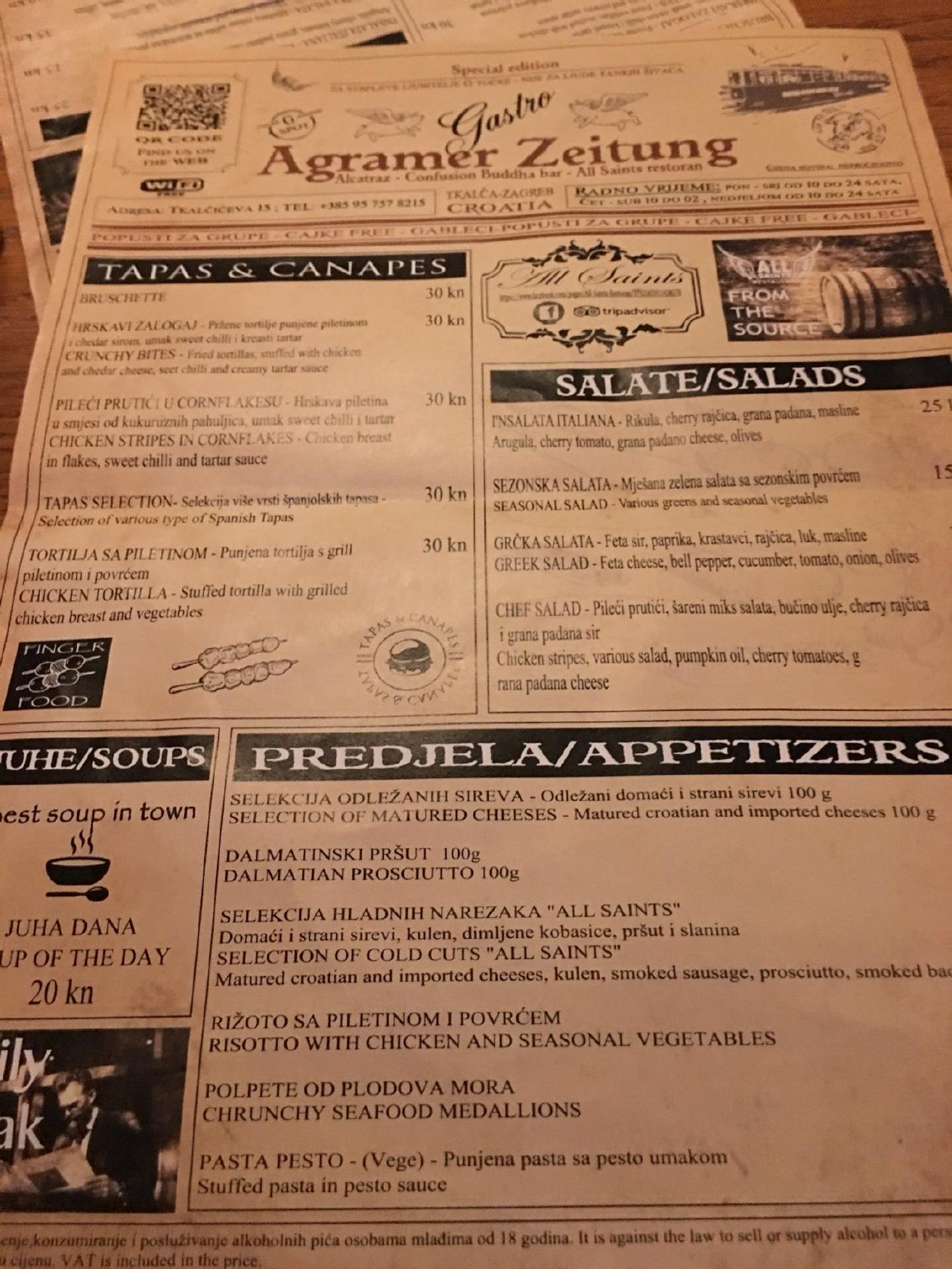 Menu at Restaurant All Saints, Zagreb