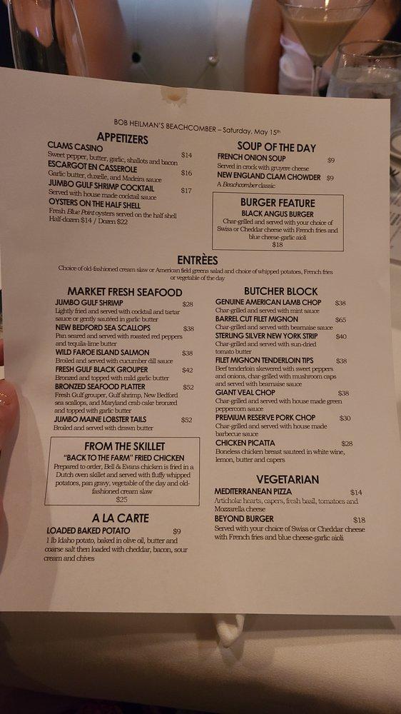 Menu at Bob Heilman's Beachcomber restaurant, Clearwater
