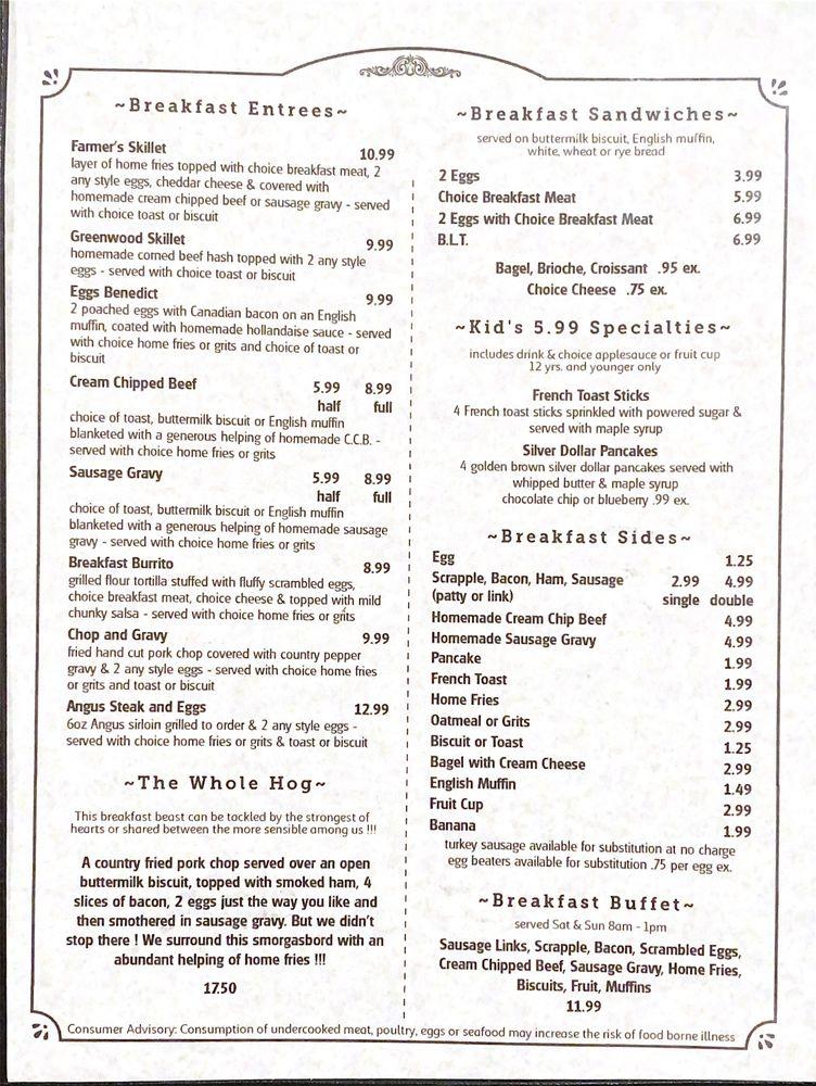 Menu at Emma's Family Restaurant, Greenwood
