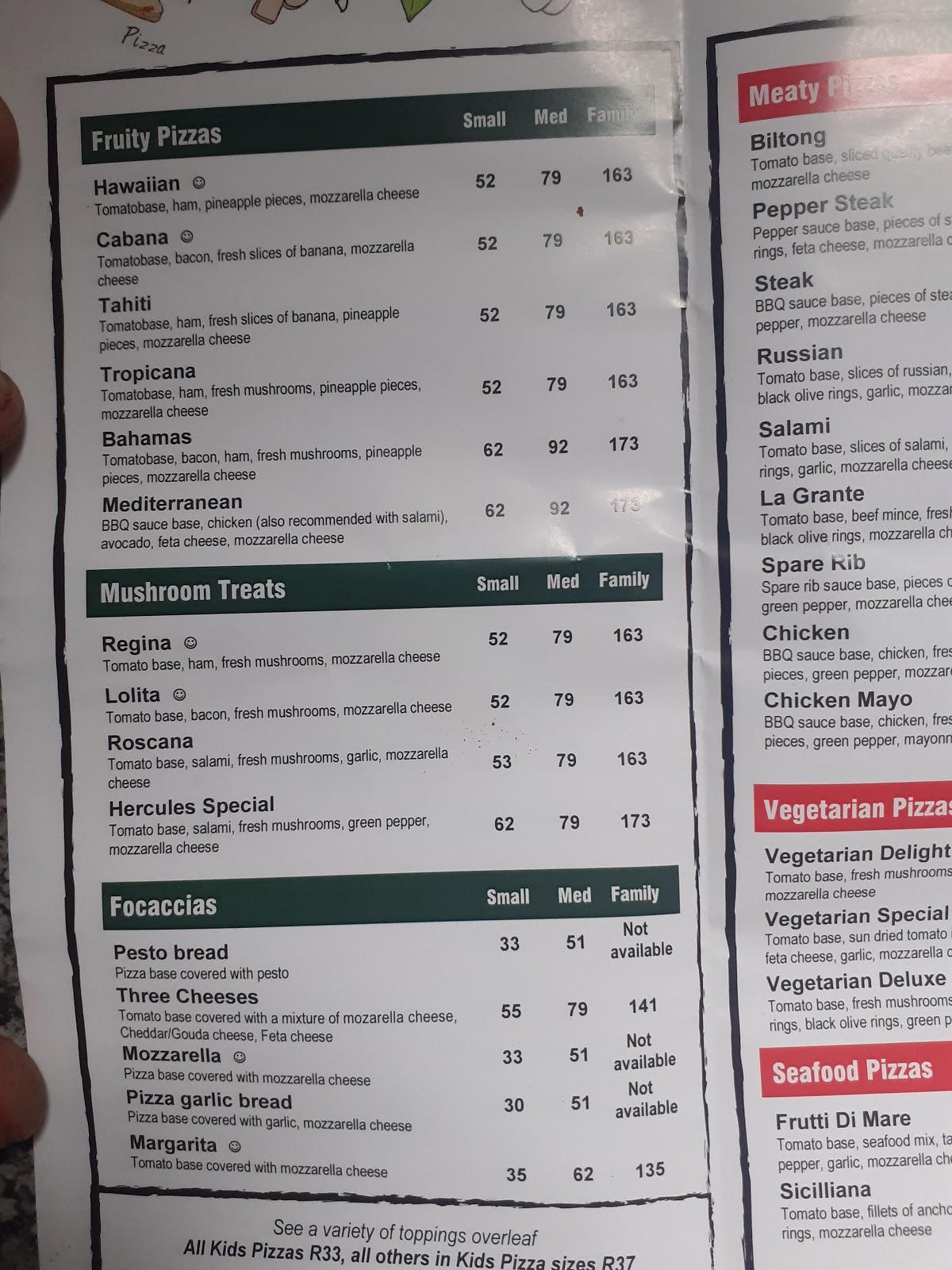 Menu at Hercules Pizza restaurant, Fochville