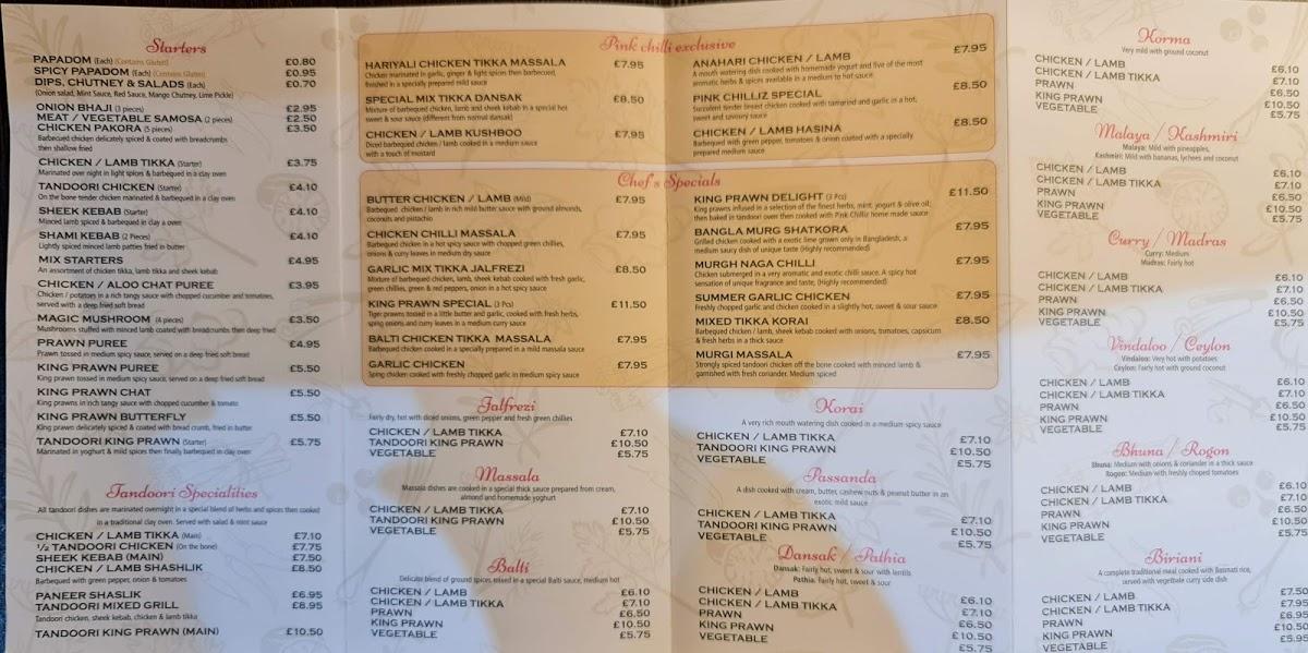 Menu at Pink Chilliz restaurant, Canvey Island, 354 Long Rd