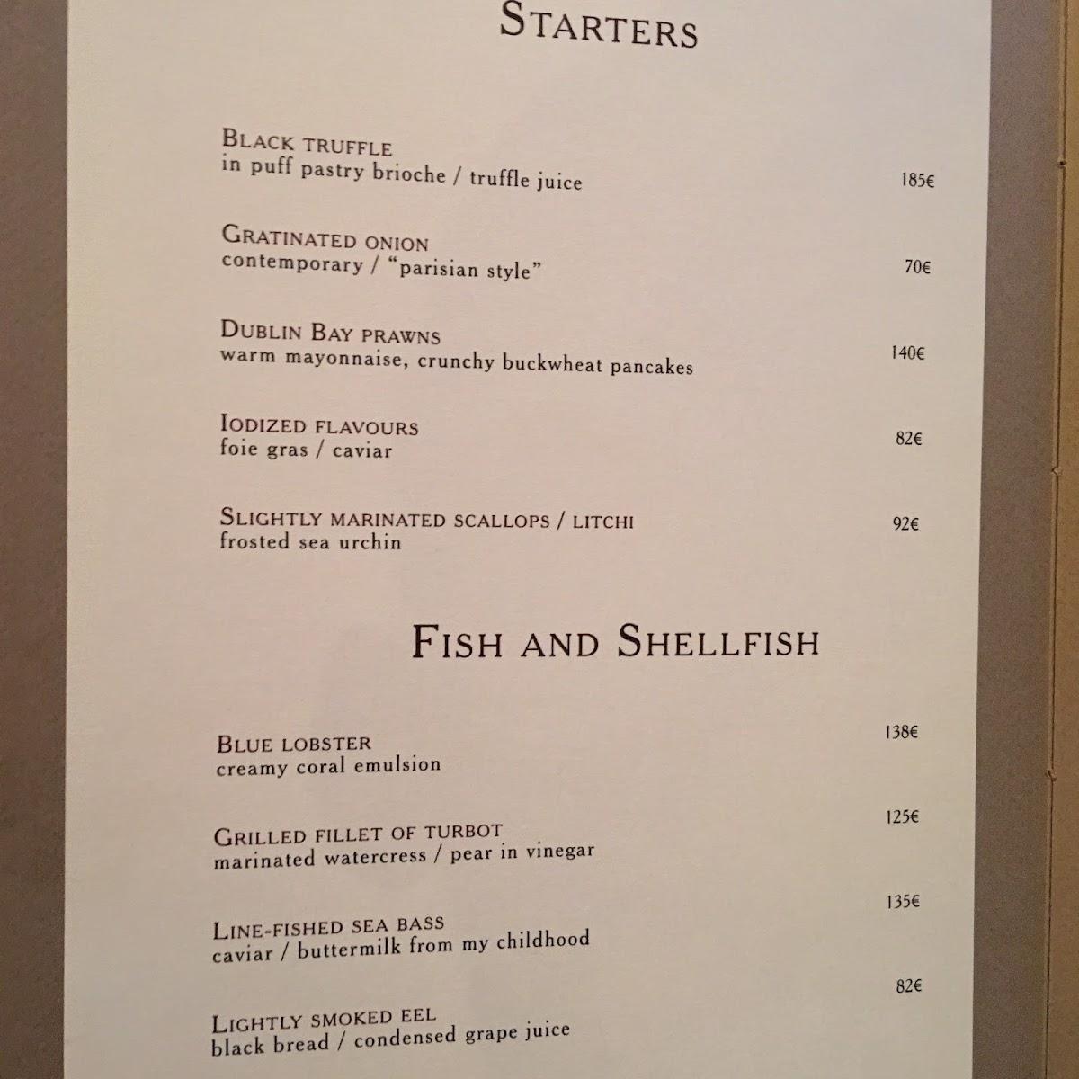 Menu at Le Cinq restaurant, Paris, 31 Av. George V