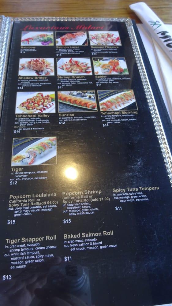 Menu at Midori Sushi restaurant, Tehachapi