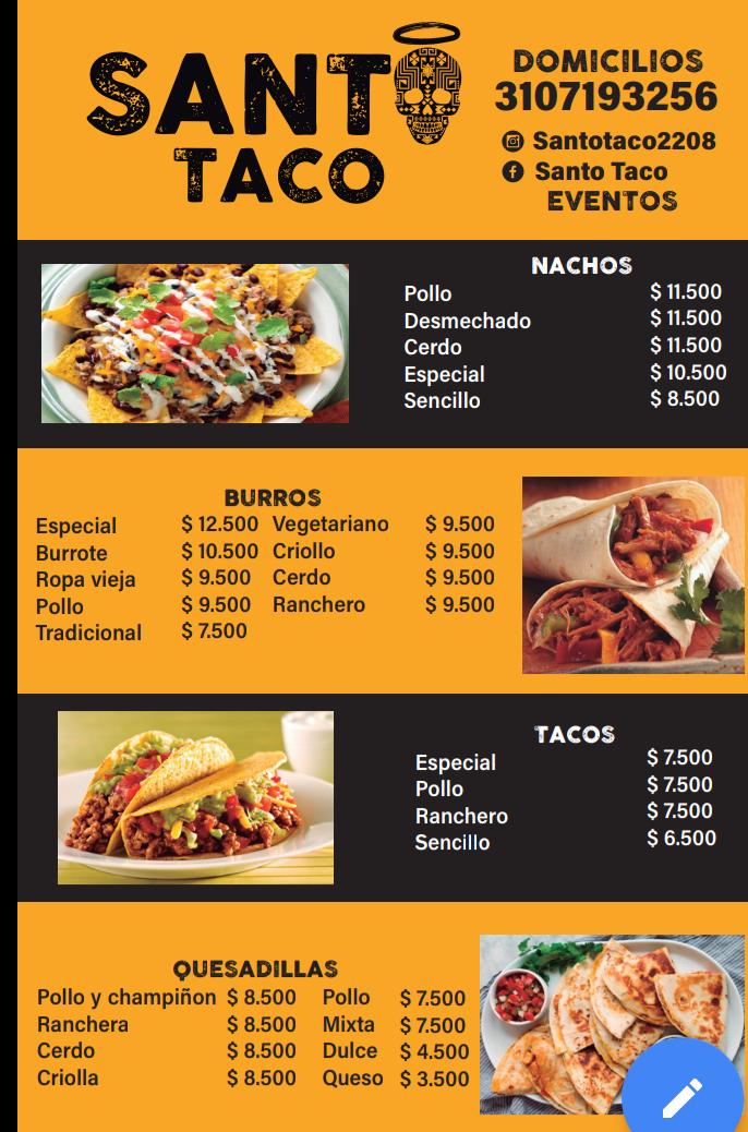 Menu at Santo taco restaurant, Bogotá