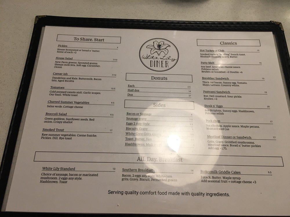 Menu at White Lily Diner restaurant, Toronto