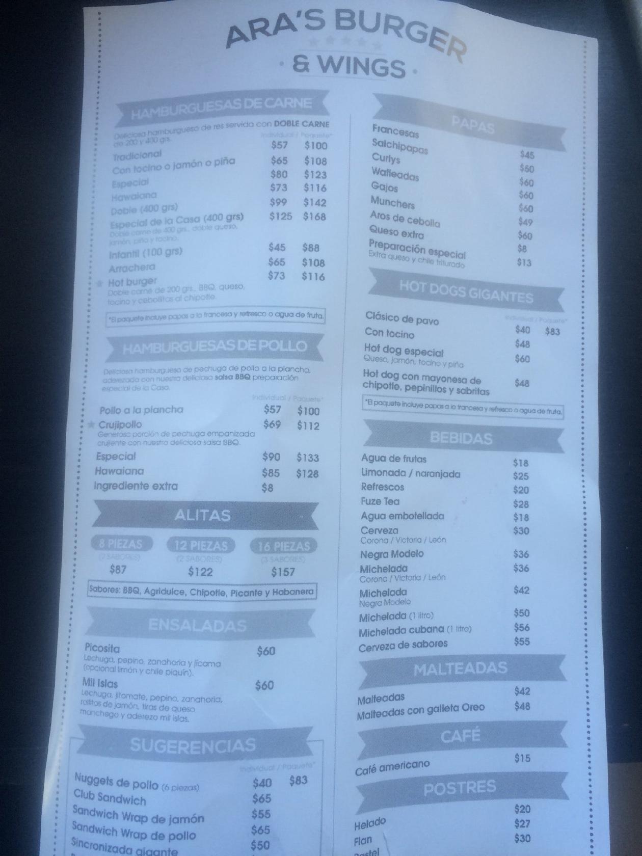 Menu at Ara's Burger restaurant, Mexico City