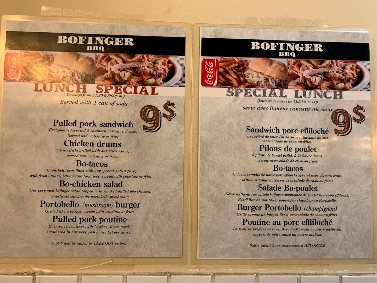 Menu au Bofinger BBQ, Montréal, Sherbrooke St W