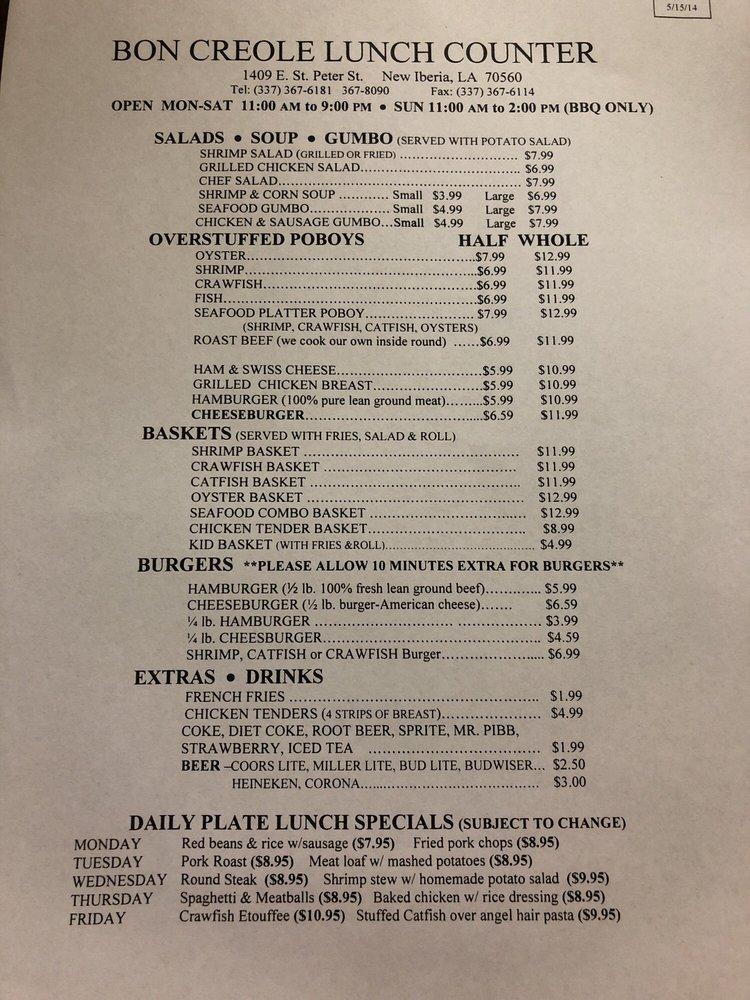 Menu at Bon Creole restaurant, New Iberia