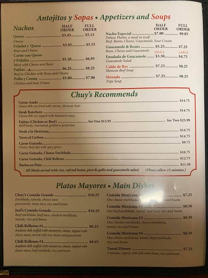 Menu at Chuy's Mexican Restaurant, Fort Worth, River Oaks Blvd