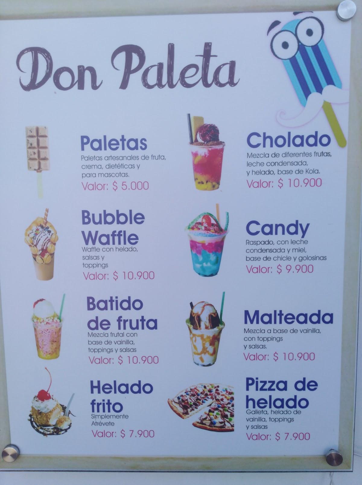 Menu at Don Paleta restaurant, Colombia