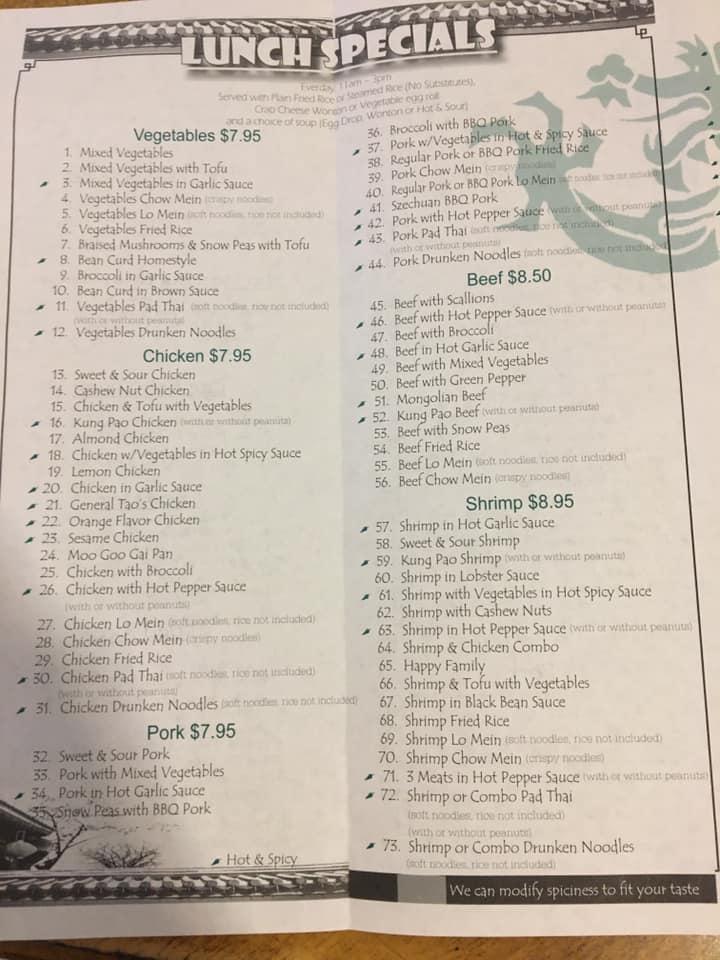 Menu at Dragon King Chinese Restaurant, Fountain