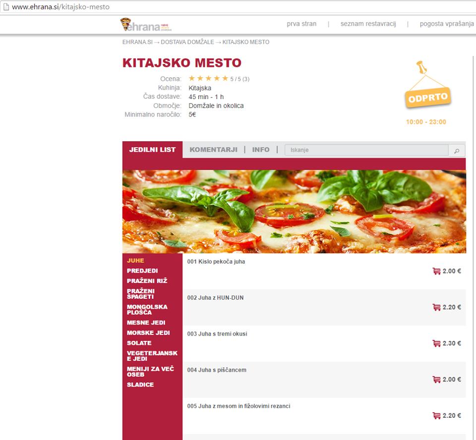 Menu da Kitajsko Mesto ristorante, Domžale