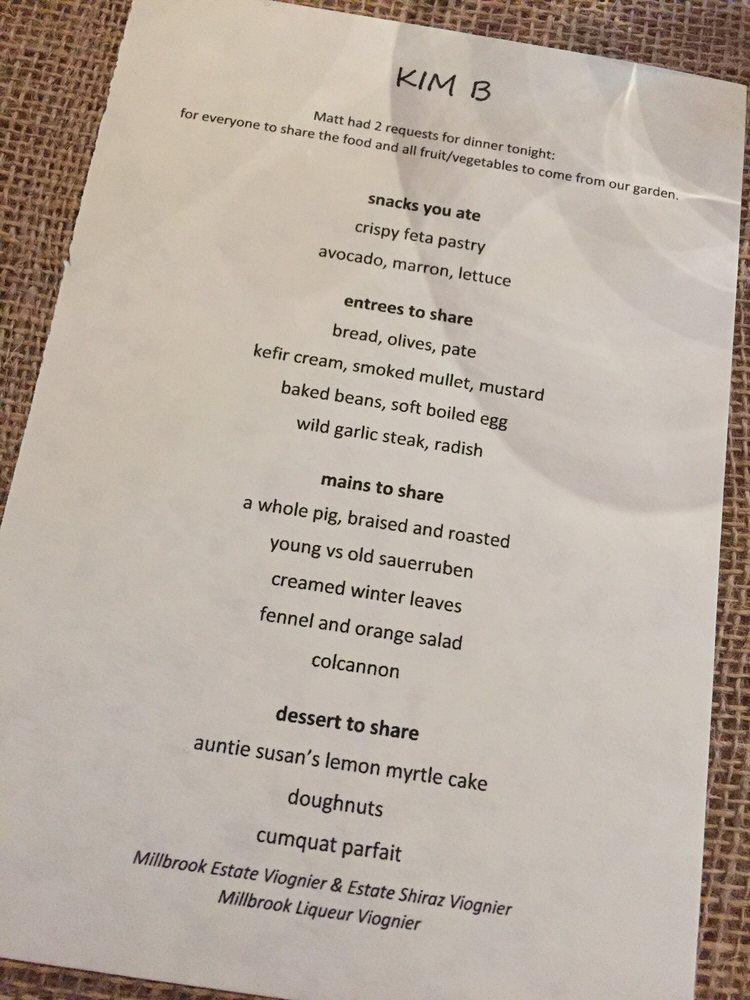 Menu at Millbrook Winery restaurant, Jarrahdale