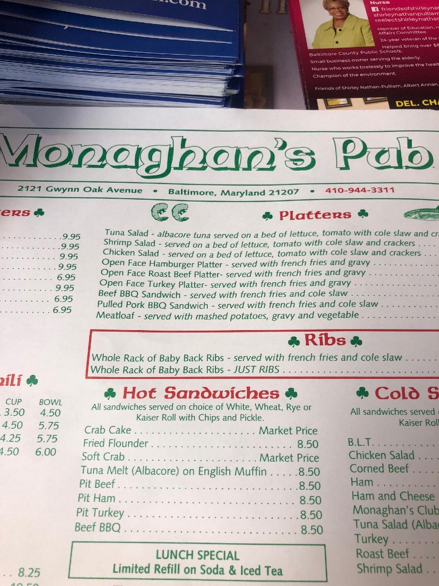 Menu at Monaghan's Pub, Baltimore