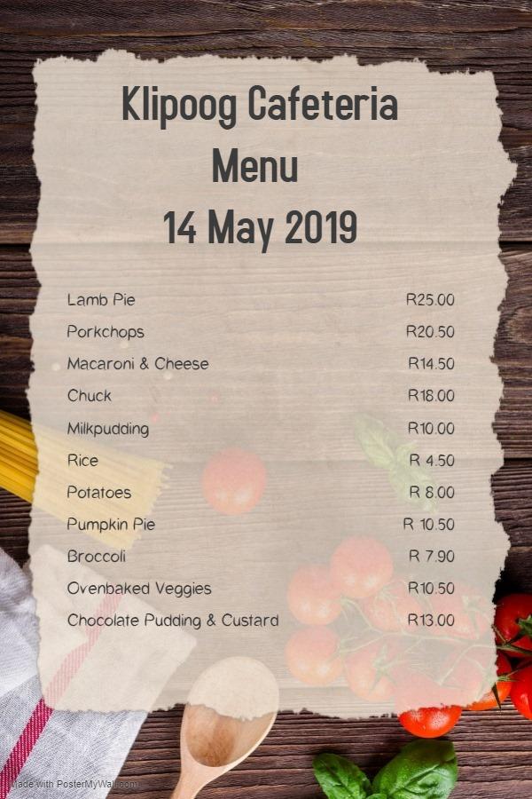 Menu at NWU Pukke SS Potchefstroom cafeteria, Potchefstroom