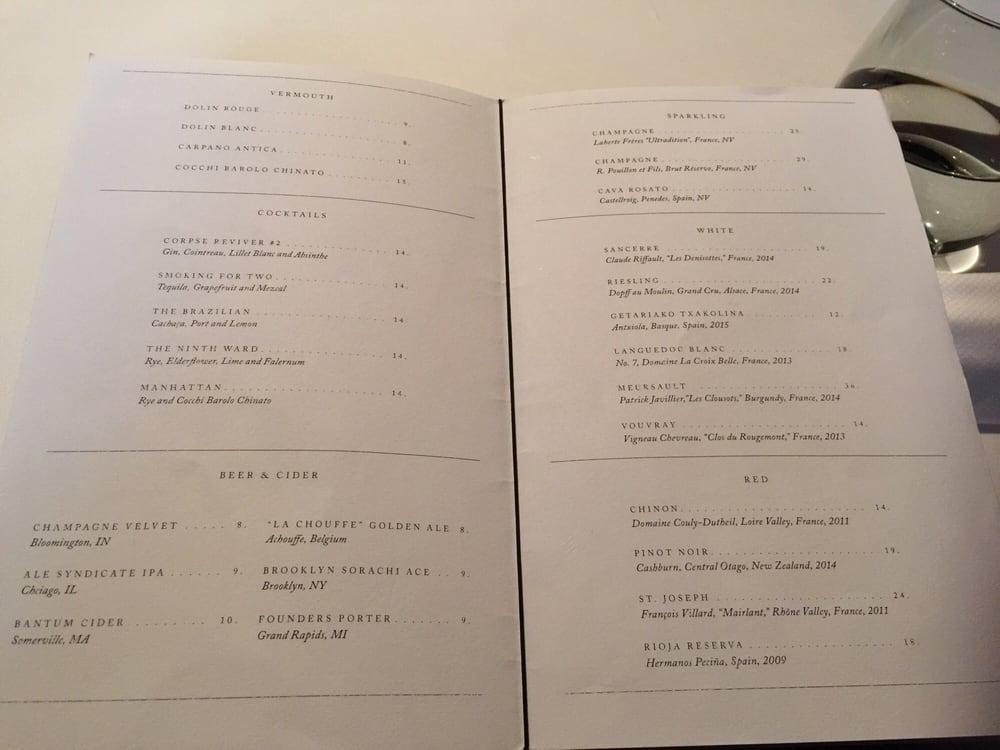 Menu at Oriole restaurant, Chicago