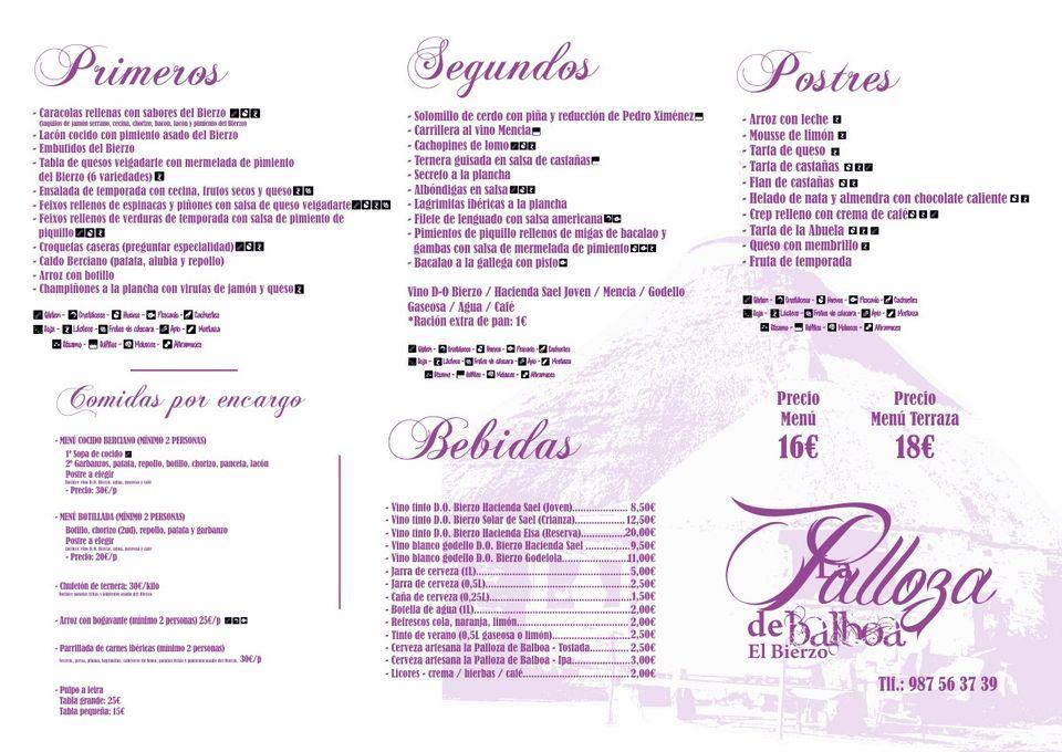 Menu at Palloza de Balboa restaurant, Balboa