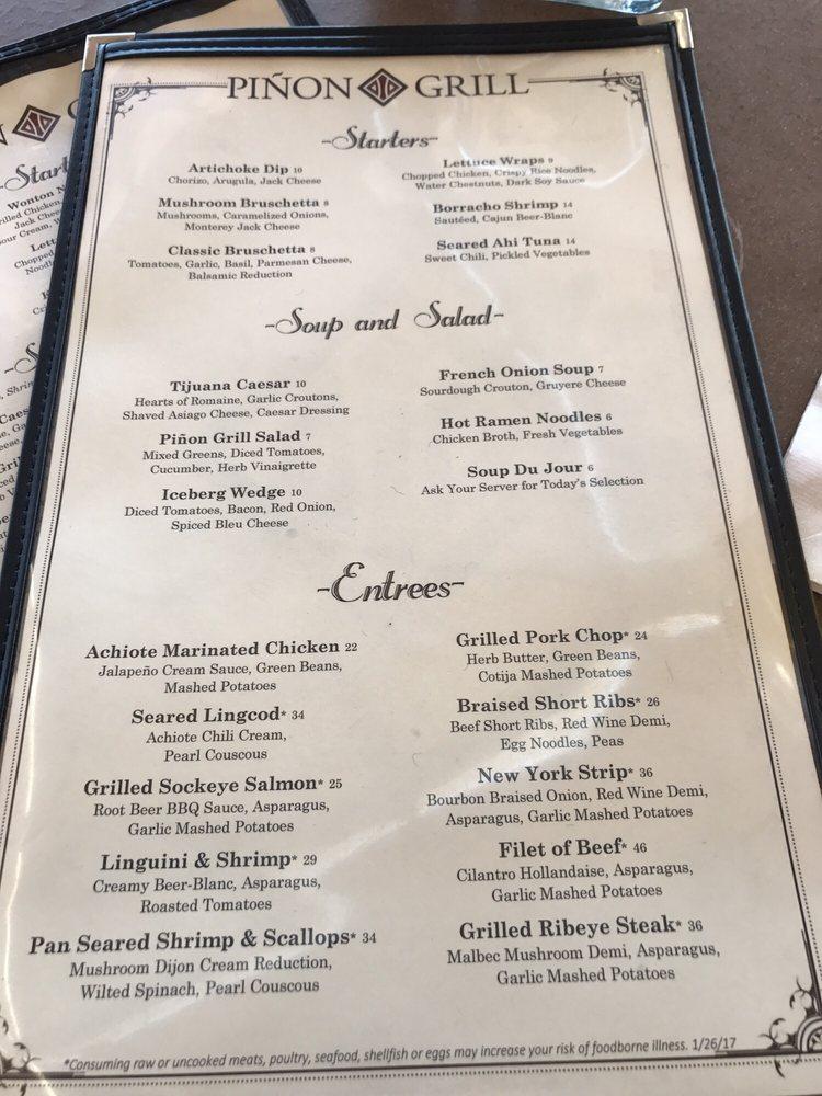Menu at Piñon Grill restaurant, Scottsdale
