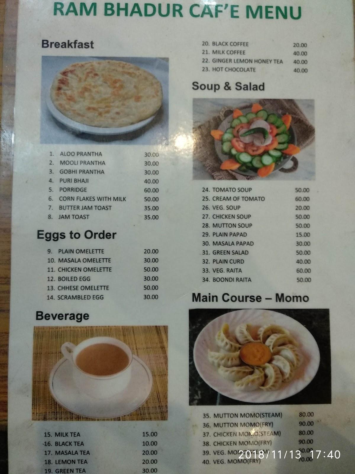Menu at Ram Bahadur Cafe, Chaugan