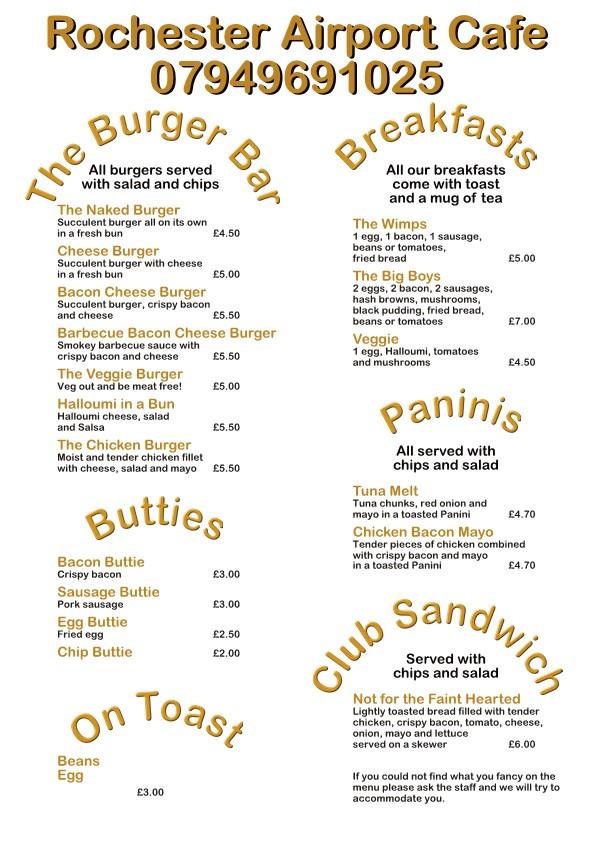 Menu at Rochester Airport cafe, Rochester