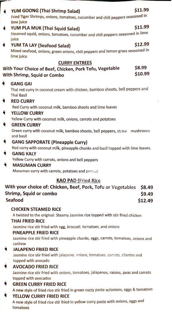 Menu at Thai City restaurant, Portales
