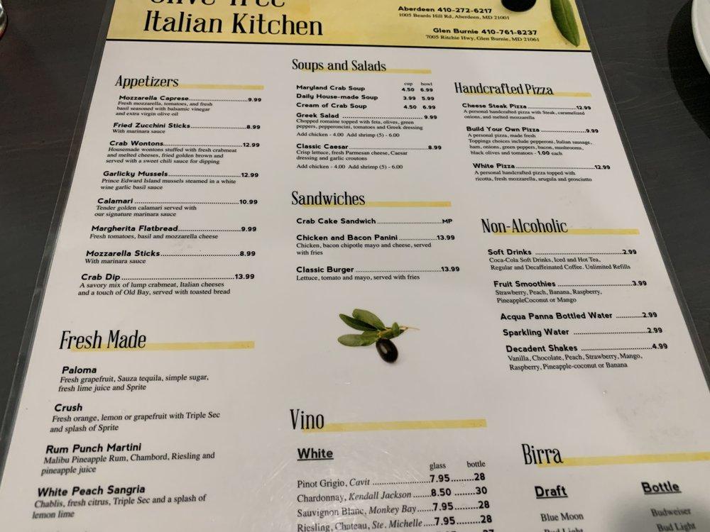 Menu at The Olive Tree restaurant, Glen Burnie