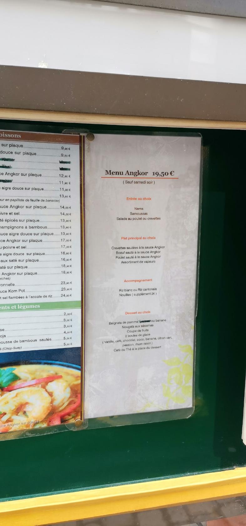 Menu au Angkor restaurant, Orléans
