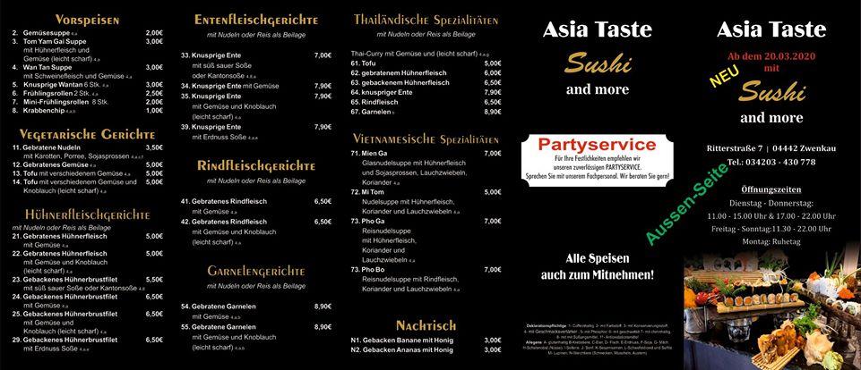 Speisekarte von Asia Taste restaurant, Zwenkau