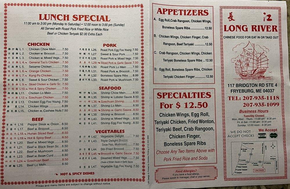 Menu at Long River restaurant, Fryeburg, 117 Bridgton Rd