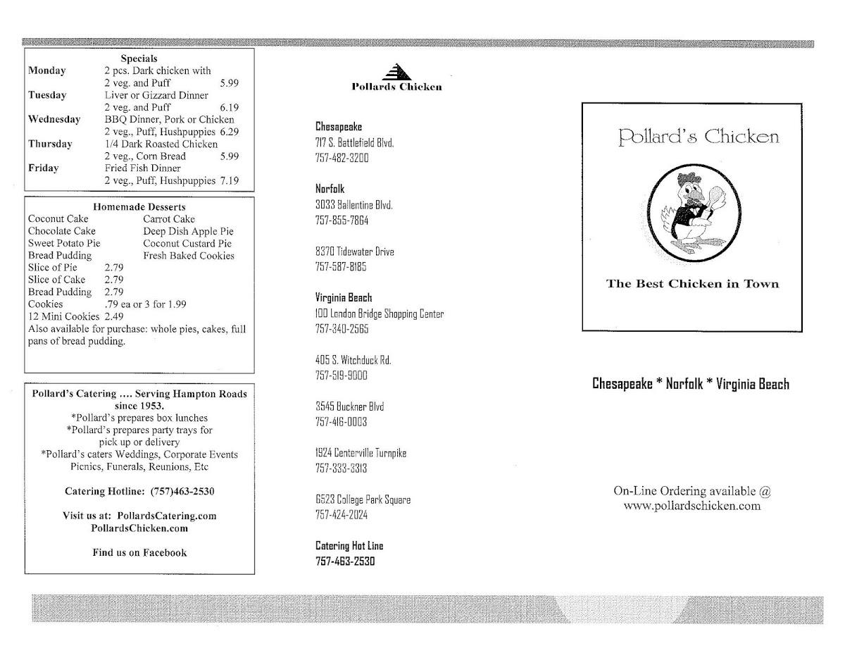 Menu at Pollard's Chicken at Battlefield Blvd. restaurant, Chesapeake ...