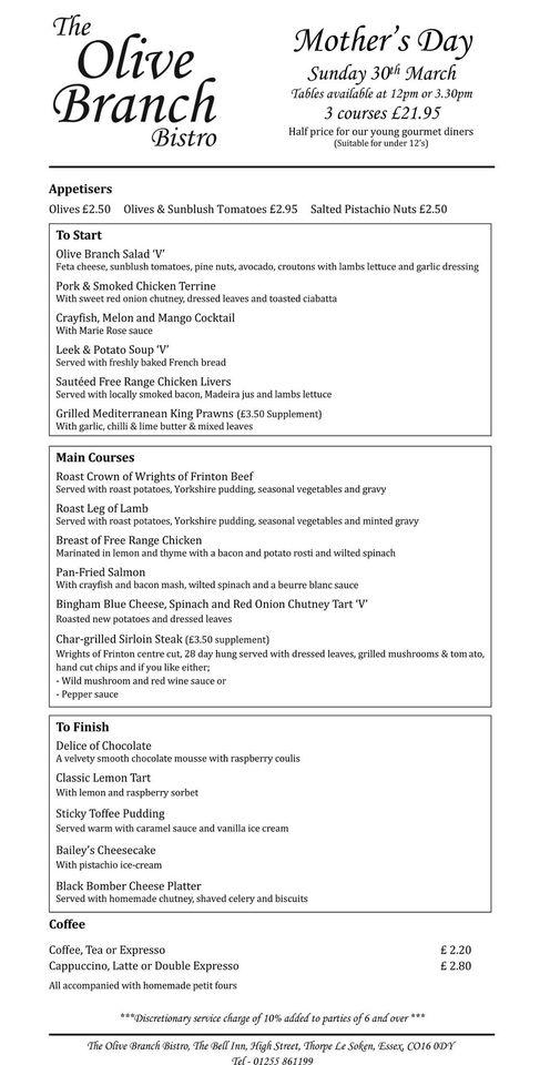 Menu at The Olive Branch Bistro restaurant, Thorpe-le-Soken
