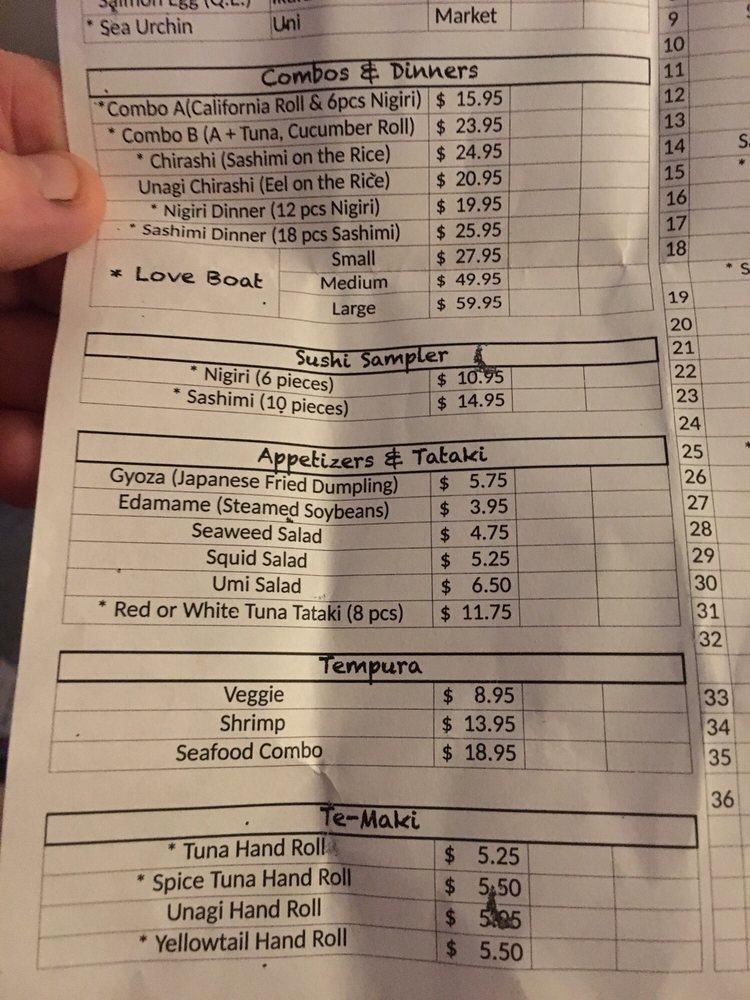 Menu at Yuki Restaurant of Japan, Topeka