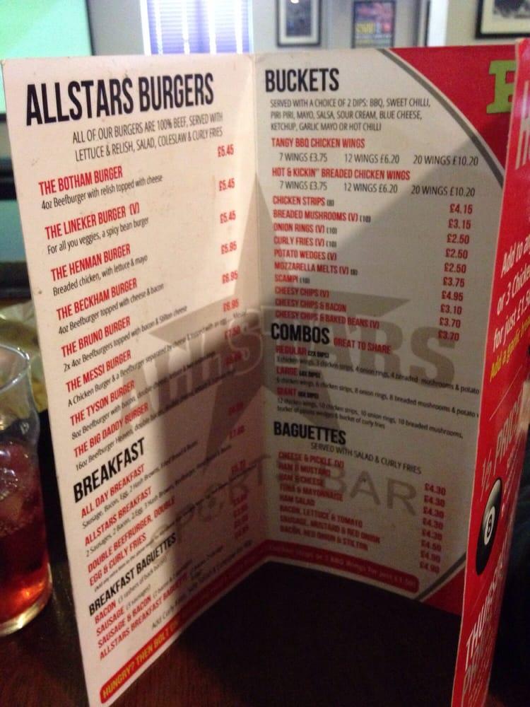 Menu at Allstars Sports Bar, Weston-super-Mare