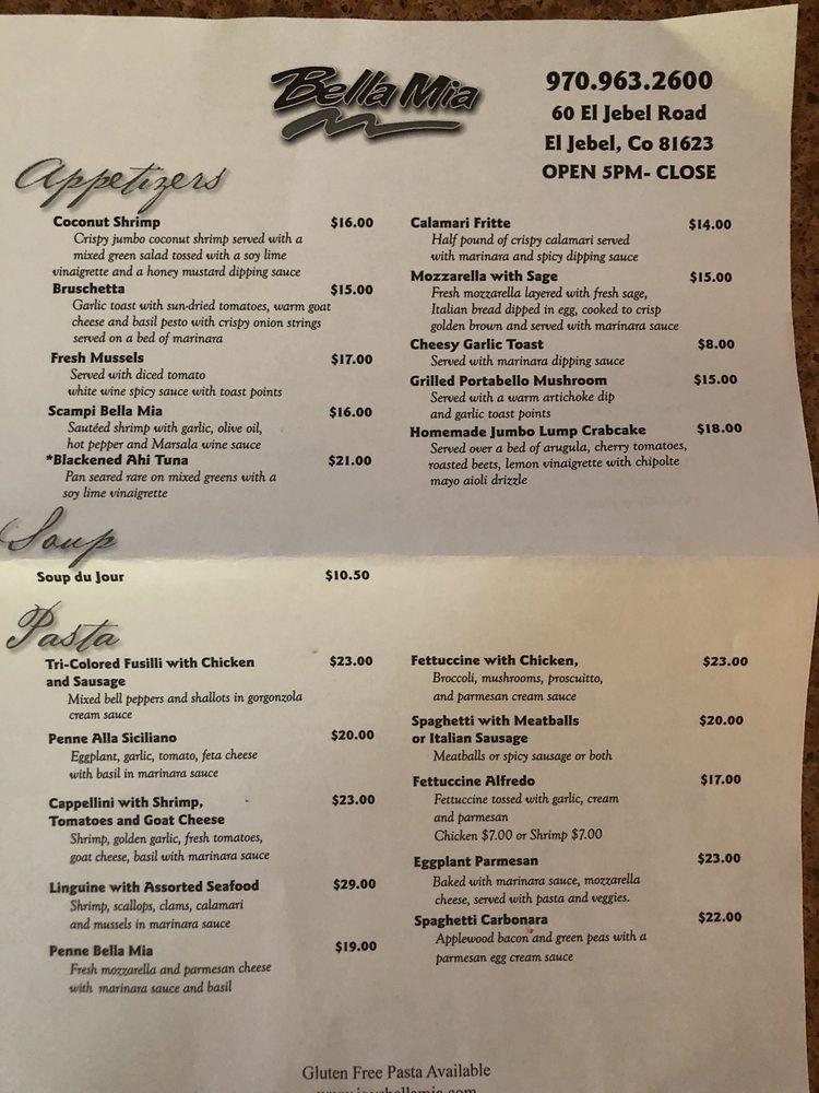 Menu at Bella Mia restaurant, El Jebel