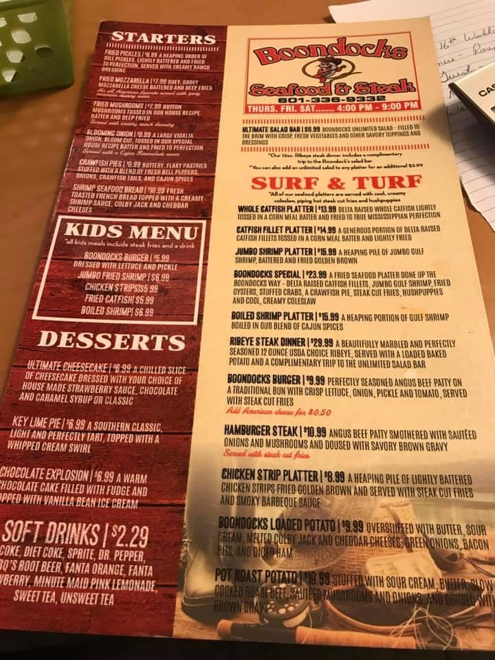 Menu at Boondocks Seafood And Steak restaurant, Petal