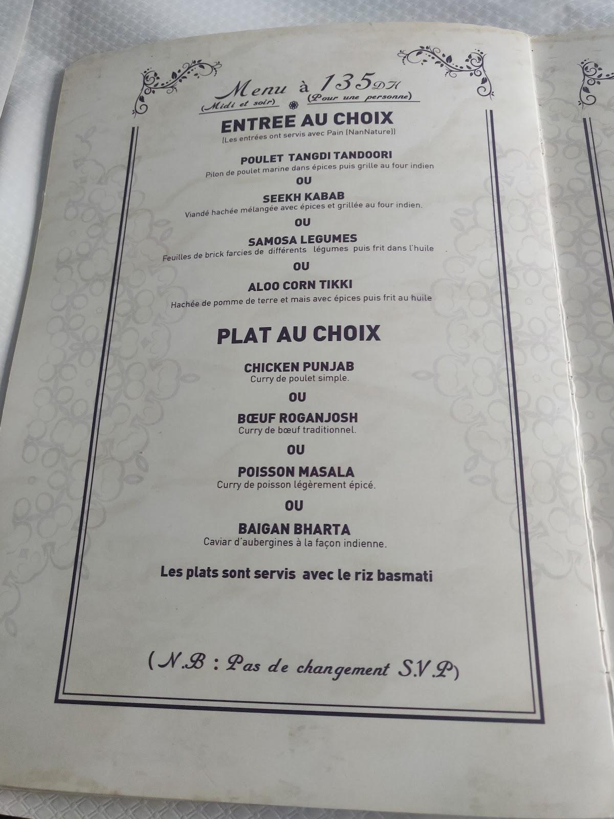 Menu at Indian Corner restaurant, Casablanca