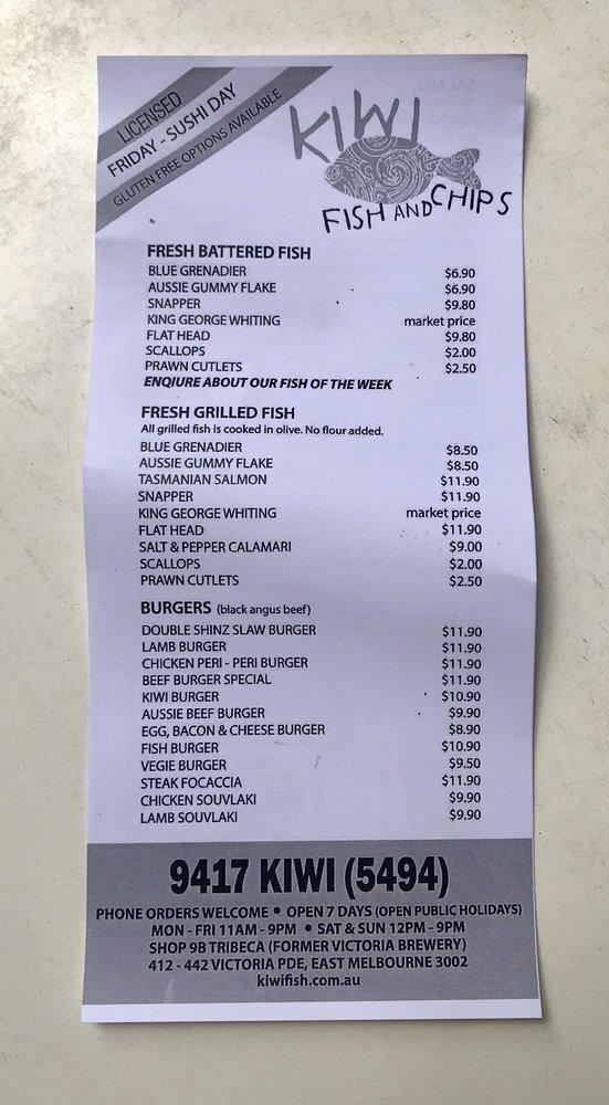 Menu at Kiwi Fish and Chips fast food, East Melbourne, 412-442 Victoria ...