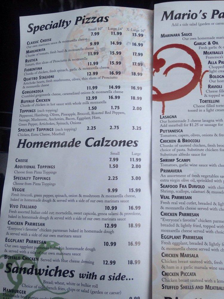 Menu at Mario's Trattoria pizzeria, Easton, 260 Washington St