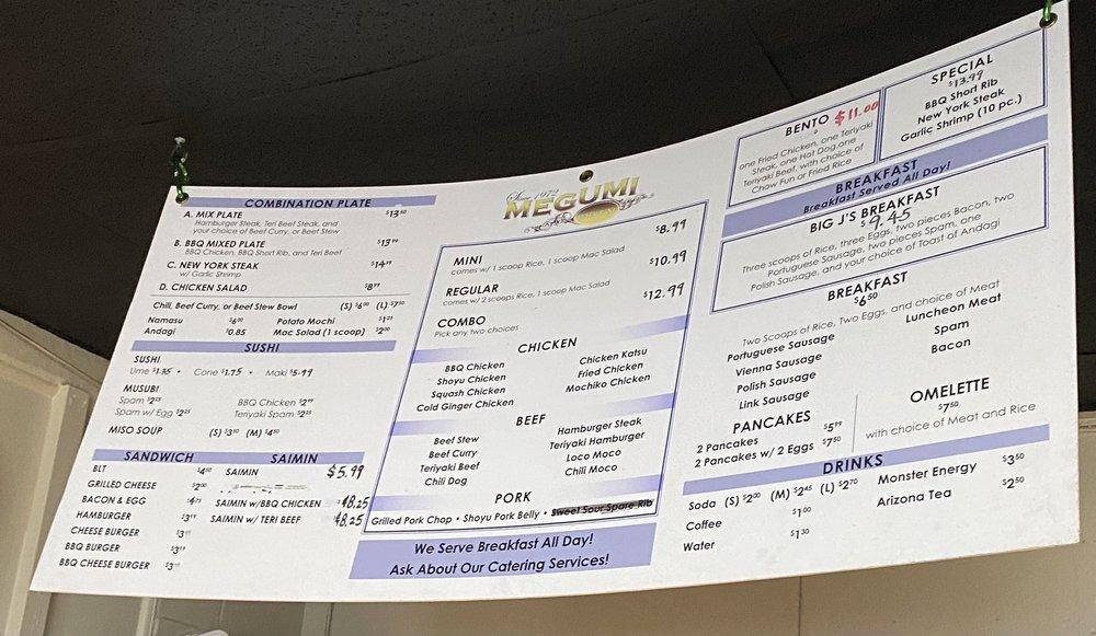 Menu at Megumi Restaurant, Kaneohe
