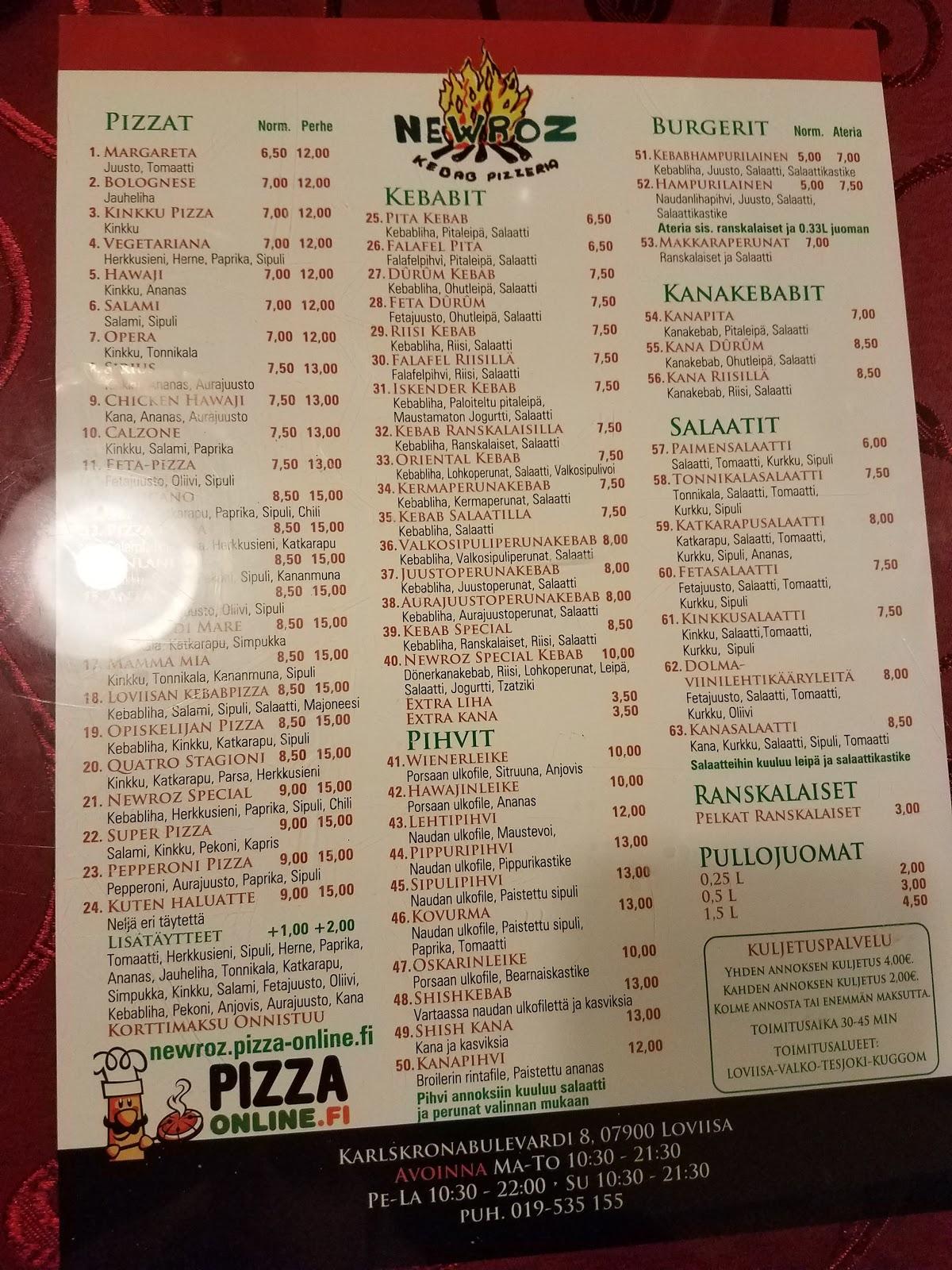 Menu at Newroz restaurant, Lovisa