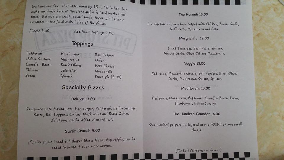 Menu at Pit Stop Pizza pizzeria, Covington