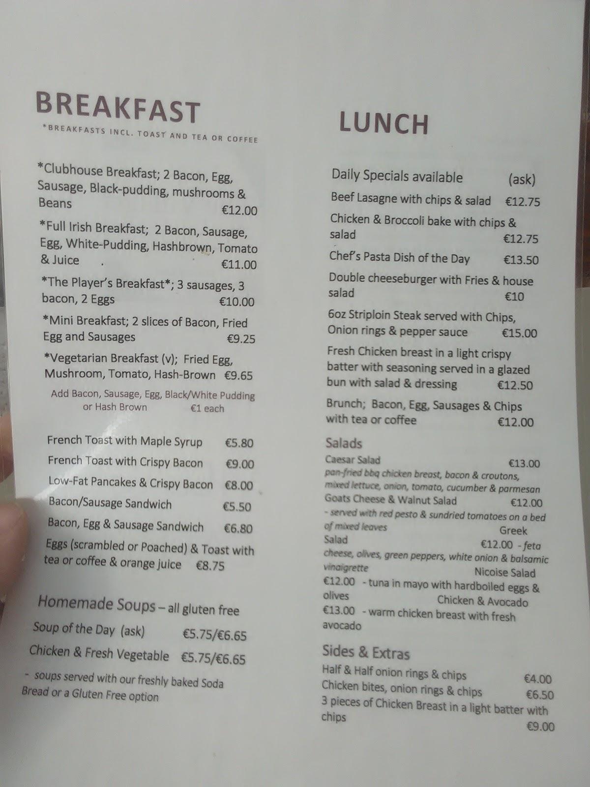 Menu at The Village Cafe, Dublin